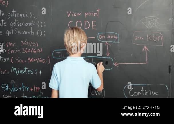 Back view of student writing engineering prompt on blackboard. Handsome clever child or boy ...