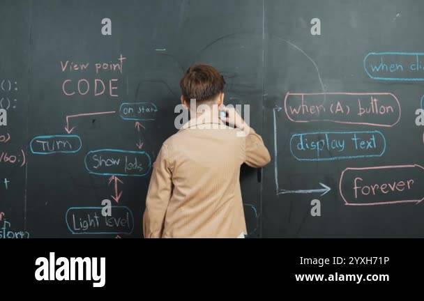 Back view of smart boy writing engineering prompt on blackboard. Attractive happy student ...