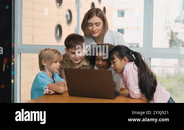 Cute african girl programing system while surround with caucasian ...