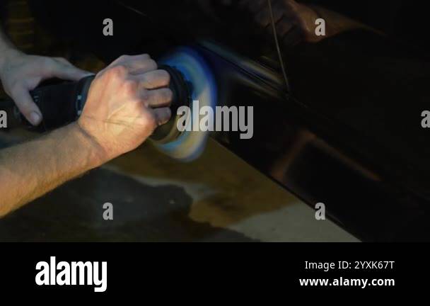Car polishing and detailing 4k video. Hands with orbital polisher ...
