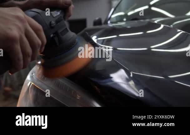 4k video of Hard wax car polishing with orbital polisher for remove ...