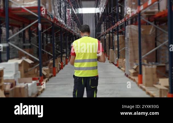 Warehouse worker wearing a safety vest walking down an aisle in a large ...