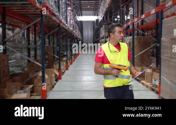 Warehouse worker scanning inventory with a barcode scanner in a slow ...