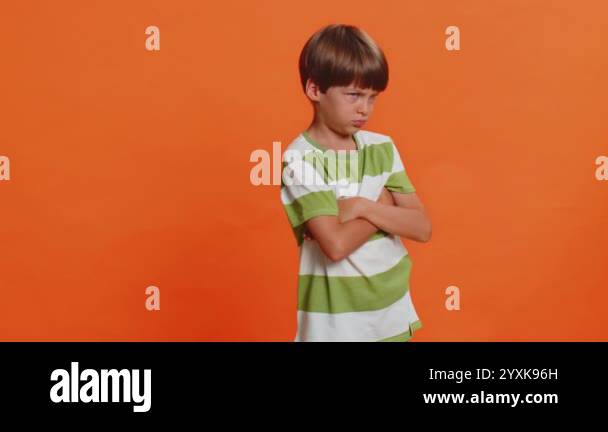 Offended sad nervous young preteen child boy kid having ...
