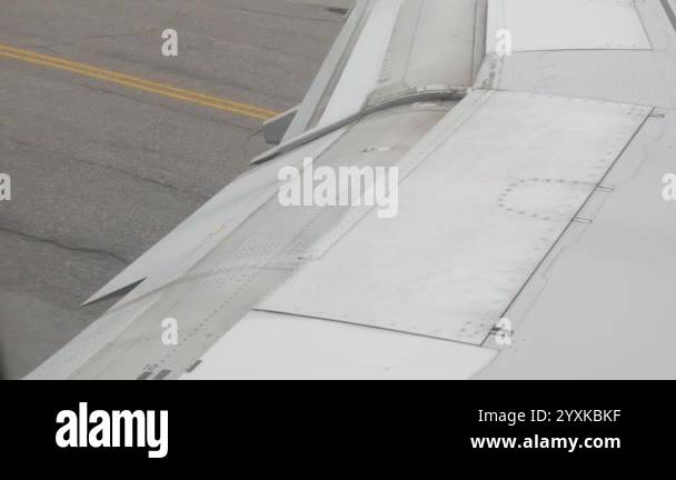 view to rear wing of a airplane with flaps closing position after ...