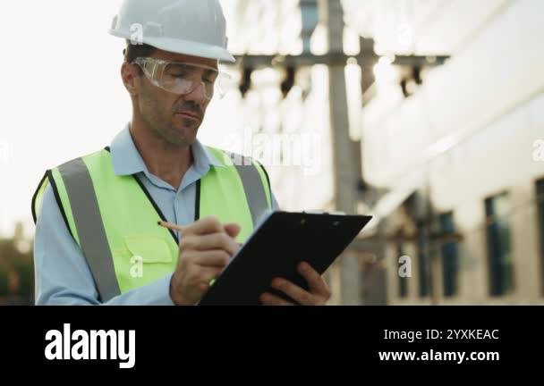 Portrait of man engineer in reflective vest making notes on ...