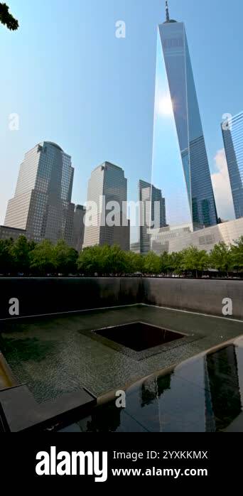 New York, USA, August 16, 2024. Vertical footage at the Memorial Pools ...