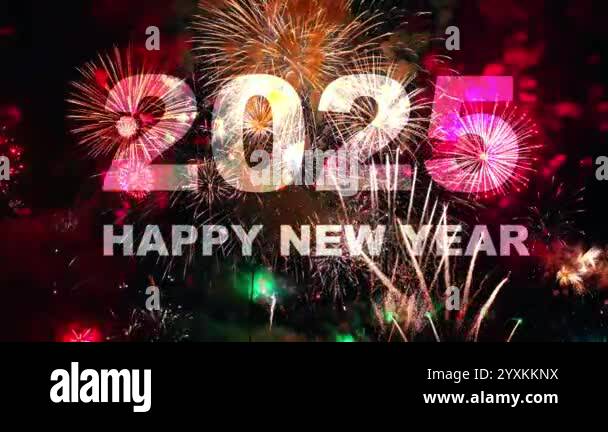 Happy New Year 2025 background illumination, fireworks in night sky. Countdown Firework sparkler ...