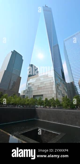 New York, USA, August 16, 2024. Vertical footage at the Memorial Pools ...