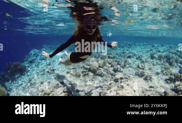Woman freediver dives in tropical sea over corals with underwater sun ...