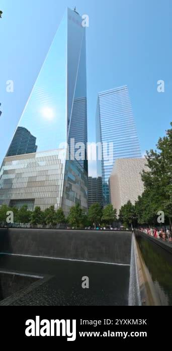 New York, USA, August 16, 2024. Vertical footage at the Memorial Pools ...