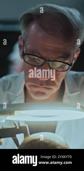 Senior archaeologist takes measurements of fossil skull using ...