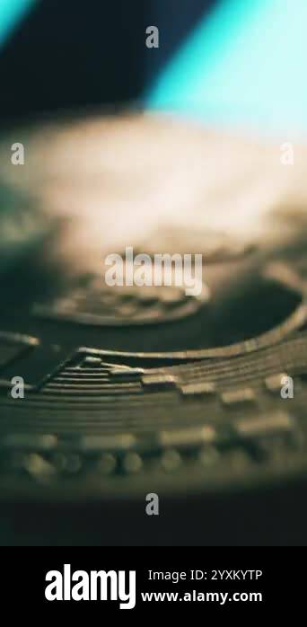 Close up of spinning gold bitcoin coin. Digital cryptocurrency virtual ...