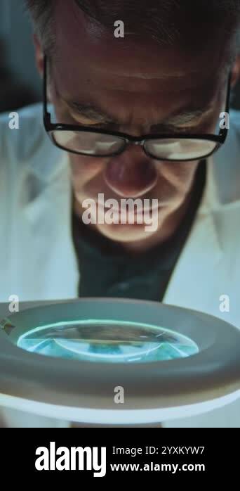 Scientist works in archaeological lab at night. Senior archaeologist ...