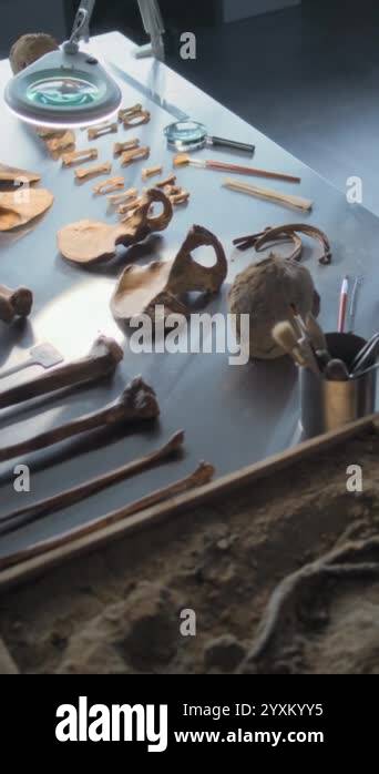 Vertical shot of specimen collection of fossil bones of ancient human ...