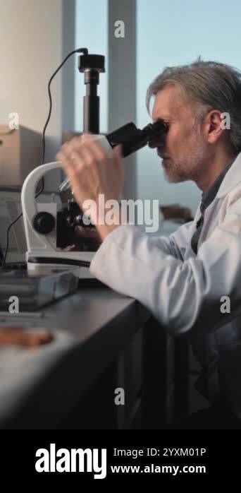 Mature scientist or microbiologist conducts fossil analysis under ...