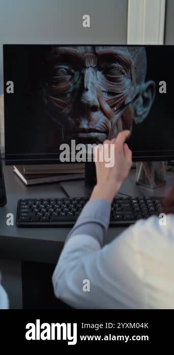 Two diverse scientists discuss 3D model of human head anatomy displayed ...