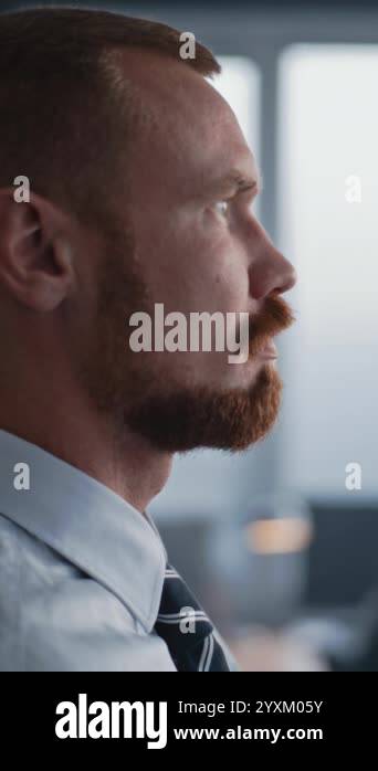 In modern office: Side view of exhausted and thoughtful financial ...