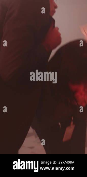 Tracking shot of diverse people in panic in burning office during fire ...