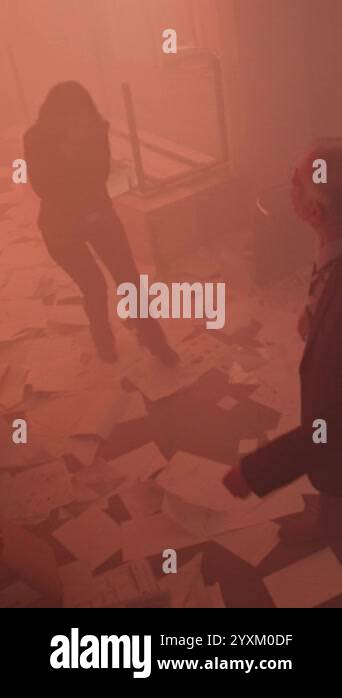 Vertical shot of diverse people, workers running around burning office ...