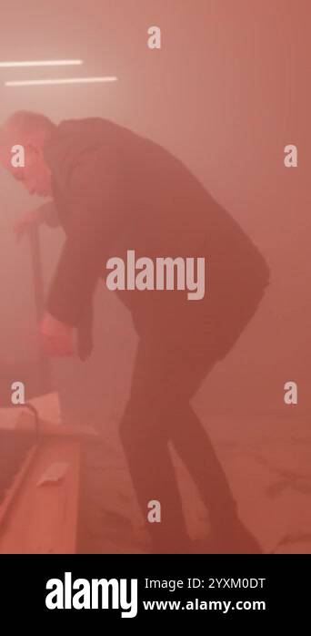 Tracking shot of diverse people in panic and fear running around the ...