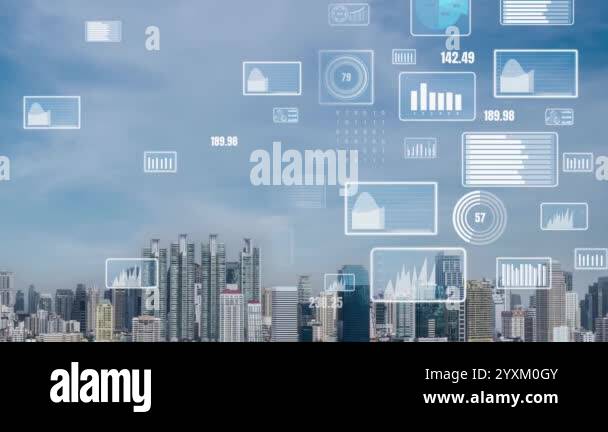 Business data analytic interface fly over smart city showing alteration future of business ...