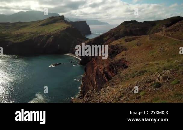 Aerial drone shot over Madeira summits and peaks Ponta de Sao Lourenco ...