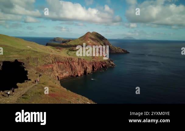 Aerial drone shot over Madeira summits and peaks Ponta de Sao Lourenco ...