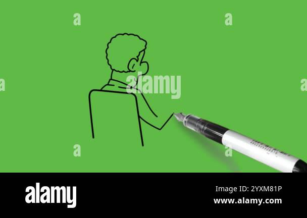 draw backside of young man sit on chair work on computer place on table ...