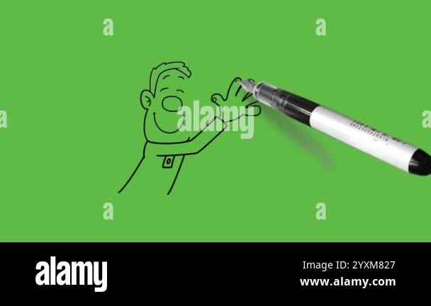 draw standing young man with support of computer screen hold his right ...