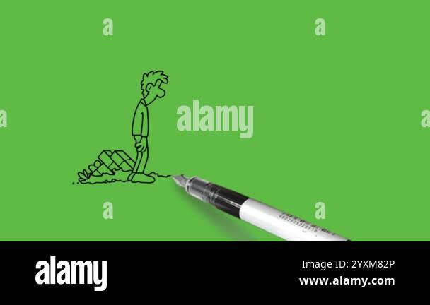 draw young man stand straight roadside see destruction of buildings ...