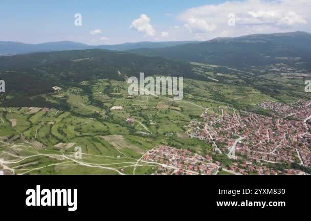 Aerial Spring view of historical town of Strelcha, Pazardzhik Region ...