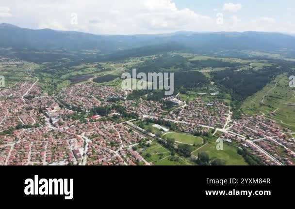 Aerial Spring view of historical town of Strelcha, Pazardzhik Region ...