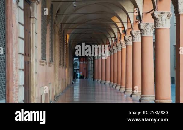 Portico columns on Piazza Santo Stefano in Bologna old town, Emilia ...