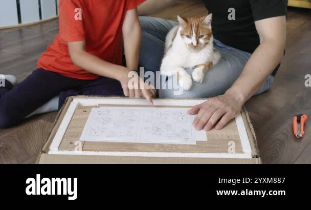 Dad and son sit looking at instructions for assembling nightstand. Cat ...