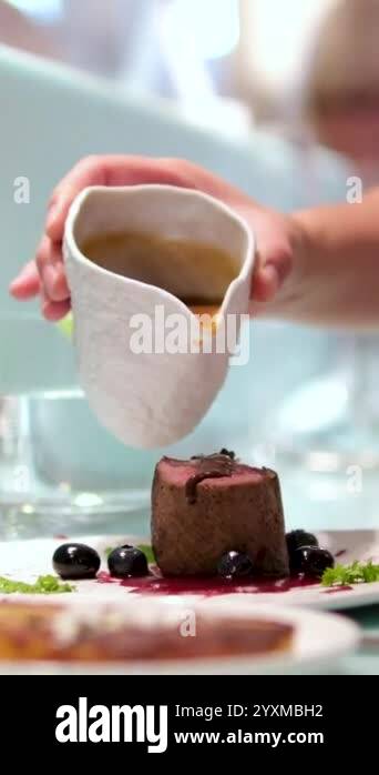 Venison in an expensive luxury restaurant on cruise ship with cherries ...