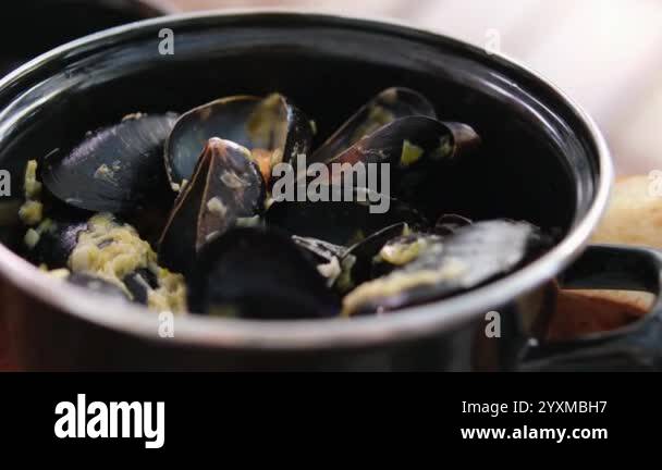 A close-up view of a pot filled with cooked mussels in a white creamy ...