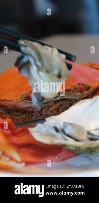 Chef cooking fired curry with crab, Thai food style. oysters on a white ...