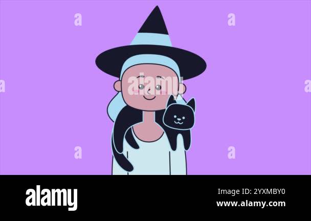 Cute girl witch with a black cat. Minimal modern seamless motion design ...