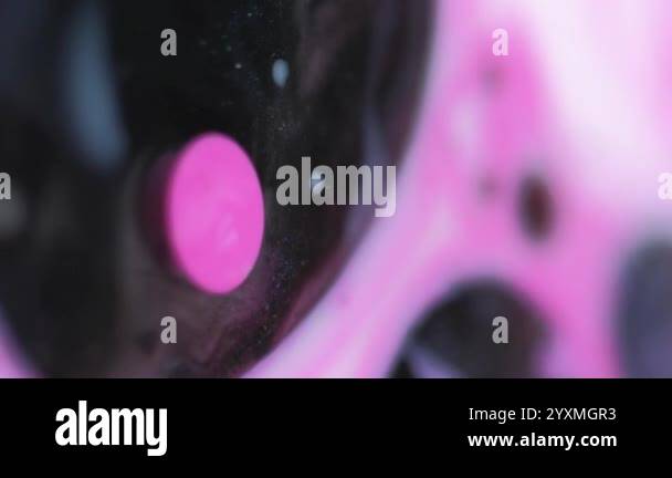 Vertical video. Ink bubbles. Fizzy liquid. Defocused black pink white ...