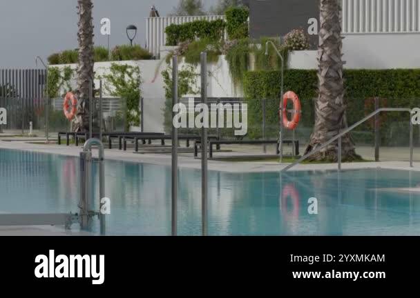 A tranquil and serene poolside scene showcases lush palm trees and ...