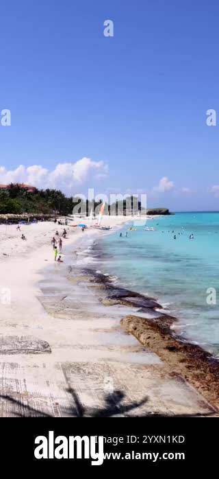 Portrait footage of the beautiful beach in Varadero Cuba showing the ...