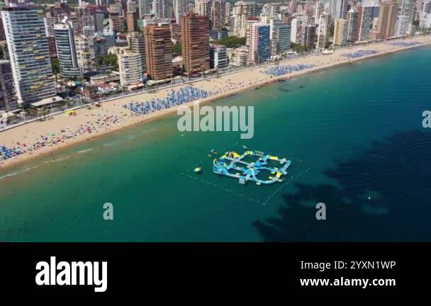 Aerial drone footage of the beautiful city of Benidorm showing the ...