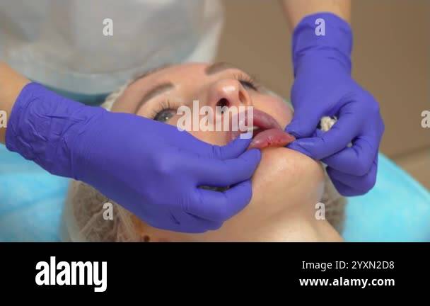 Procedure lip augmentation. Beautician kneads lumps from filler with ...