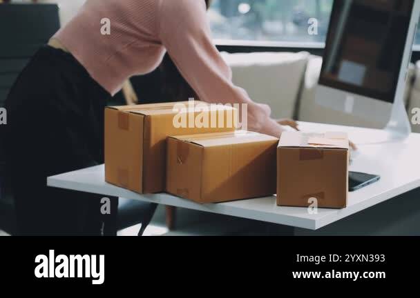 woman holding package with parcel box at workplace, online delivery service, customer service ...