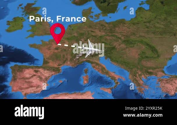 International flight travel route from Paris to Tehran on worlds map in ...