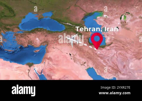 International flight travel route from Tehran to Paris on worlds map in ...