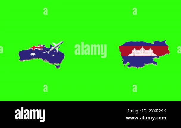 Animation Of Flight From AUSTRALIA To CAMBODIA On Green Screen Stock ...