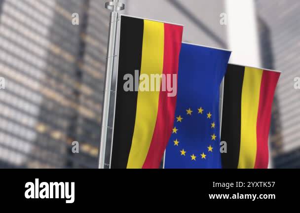 Belgium and European Union vertical flags waving together on a clear ...