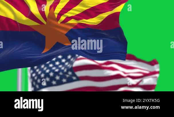 Flags of Arizona and United States waving in the wind isolated on green ...
